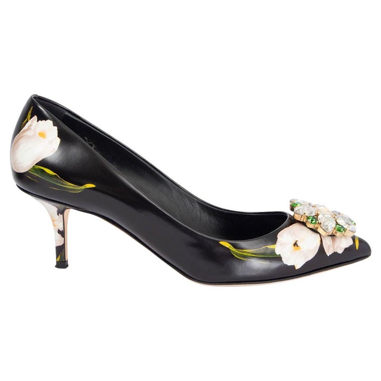 DOLCE and GABBANA black leather FLORAL PRINT CRYSTAL Pumps Shoes 38.5 ...
