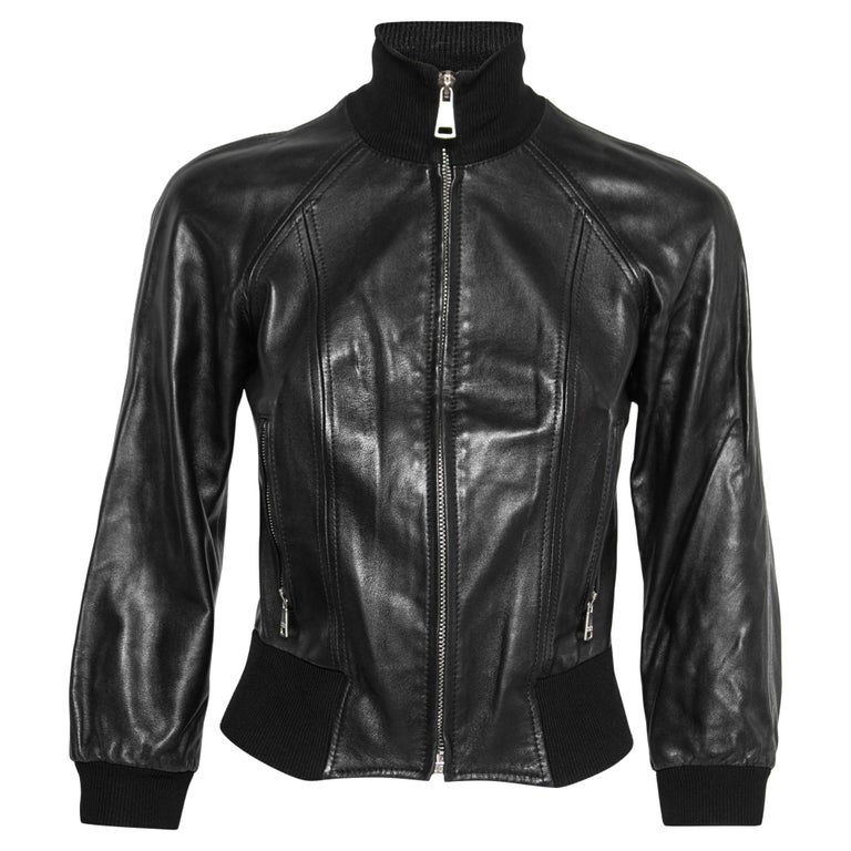 Dolce and Gabbana Black Leather Rib Knit Trimmed Biker Jacket S For ...