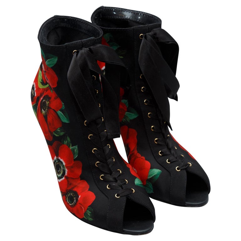 Dolce and Gabbana Black and Multicolor Floral Print Booties For Sale at ...