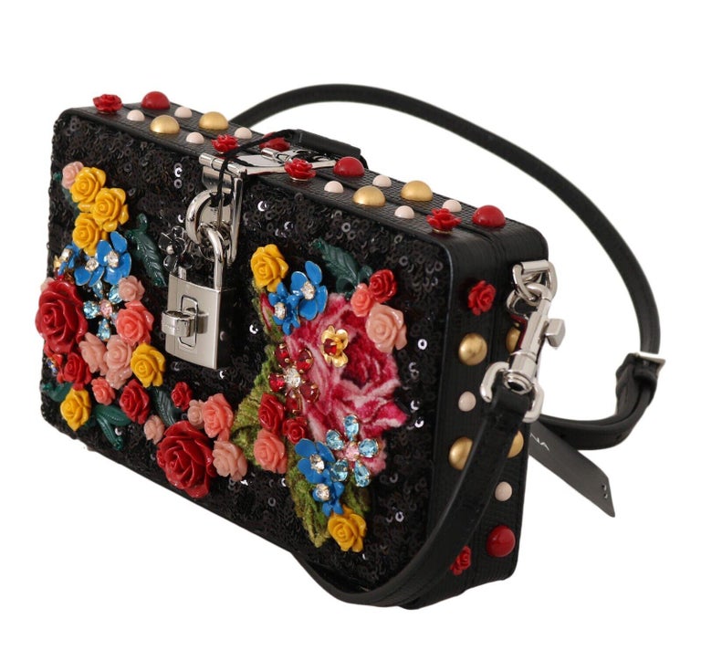 Dolce and Gabbana Black Multicolor Leather Floral DG Box Handbag ...