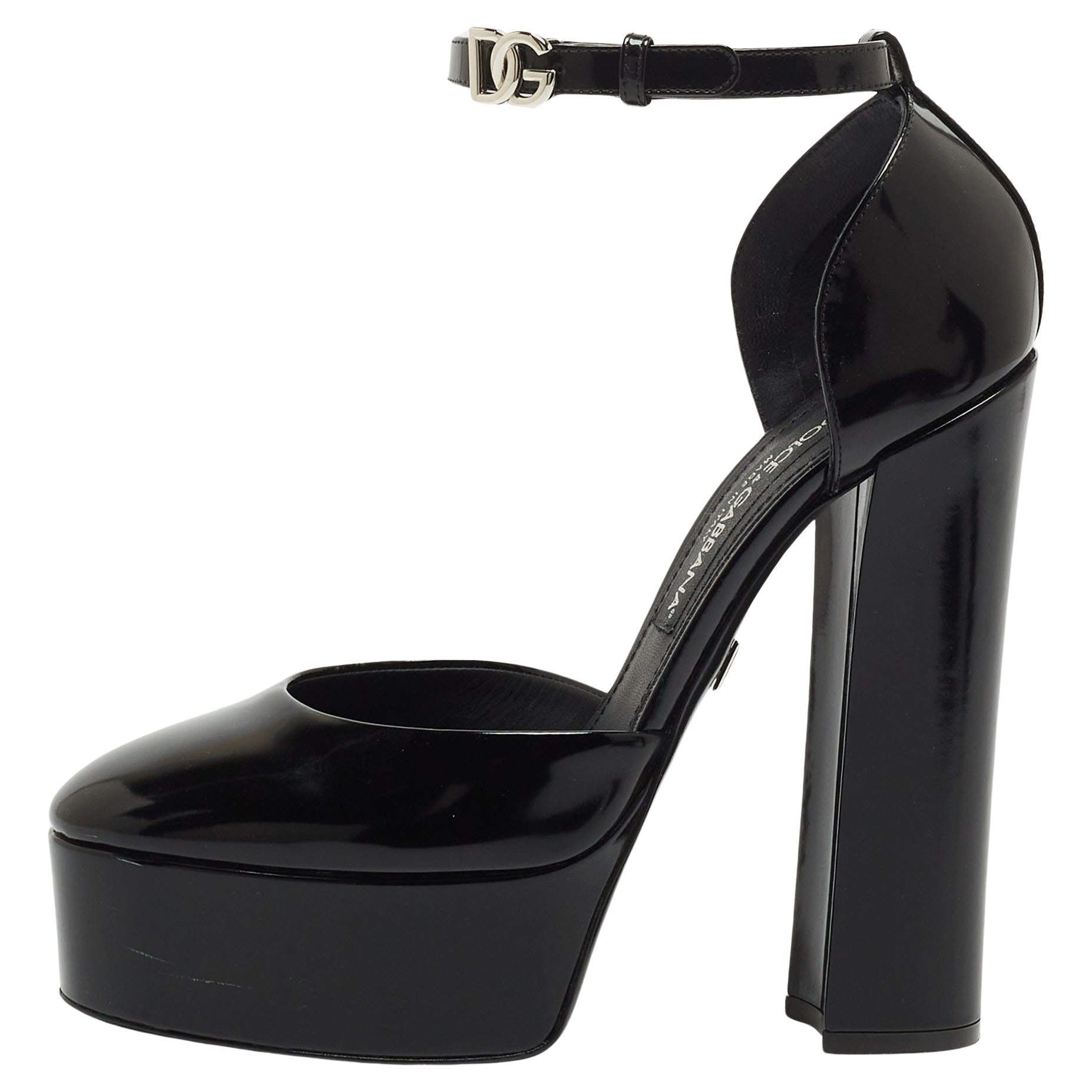 Dolce and Gabbana Black Patent Leather Logo Plaque Platfrom Pumps For ...