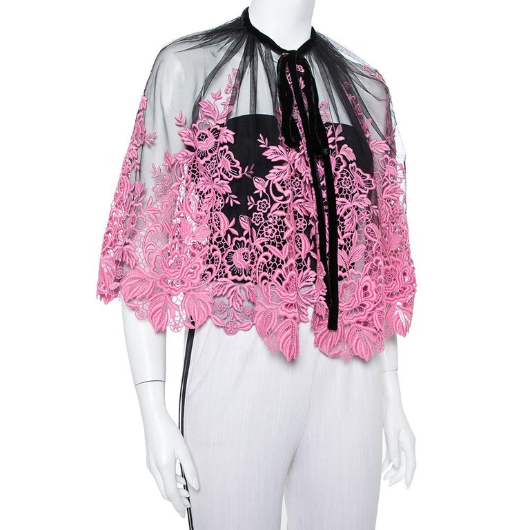 Dolce and Gabbana Black and Pink Guipure Lace Sheer Cape S For Sale at ...