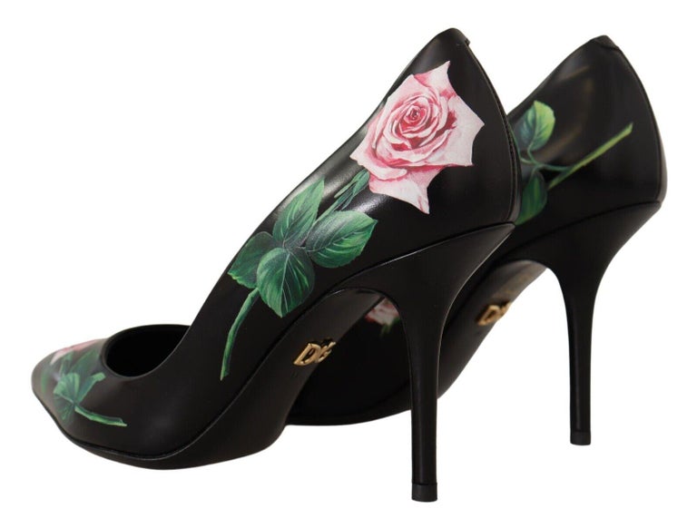 Dolce and Gabbana Black Pink Leather Tropical Rose Heels Shoes Pumps ...