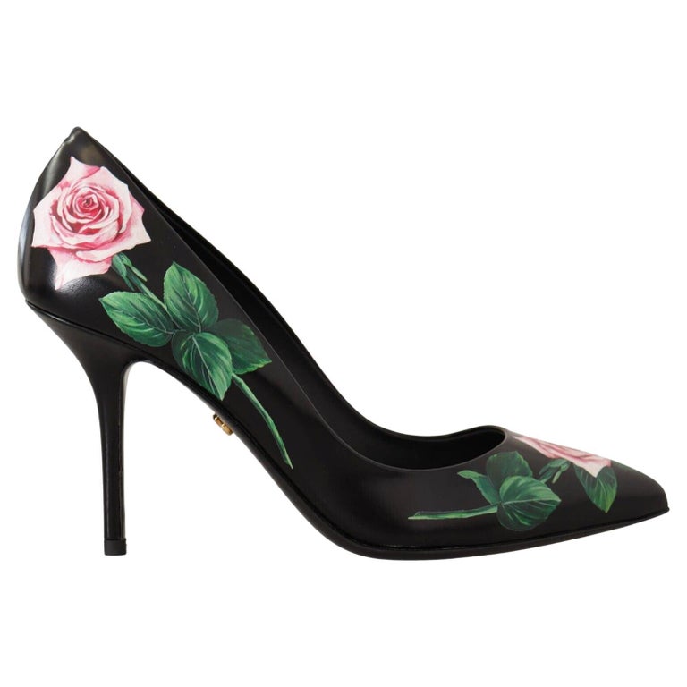 Dolce and Gabbana Black Pink Leather Tropical Rose Heels Shoes Pumps ...
