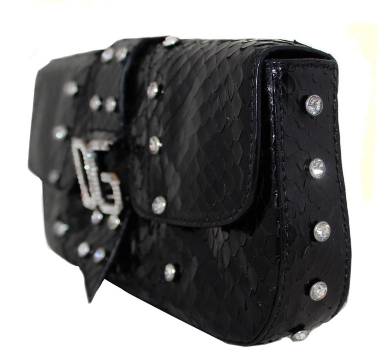 Dolce and Gabbana Black Python Wristlet W/ Crystal Studs and Crystal DG ...