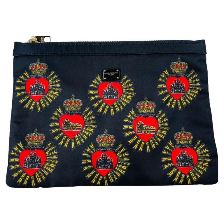 Dolce and Gabbana Black Red Cotton Clutch Pouch Bag Sacred Heart Crown ...