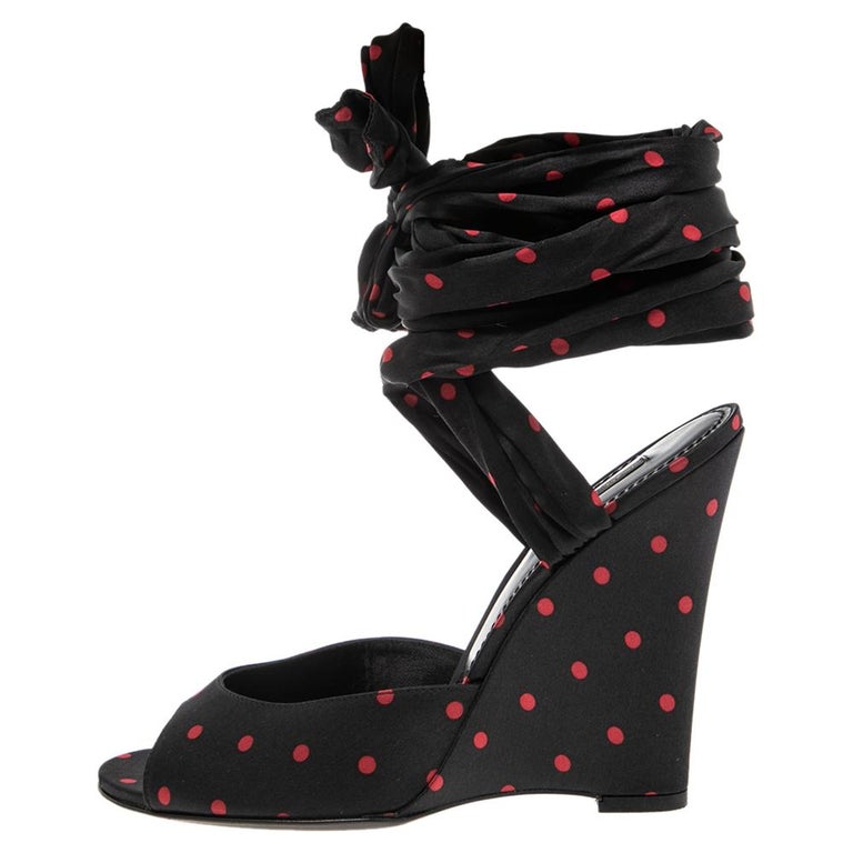 Dolce and Gabbana Black-Red Fabric Wedge Ankle Wrap Sandals Size 38.5 ...