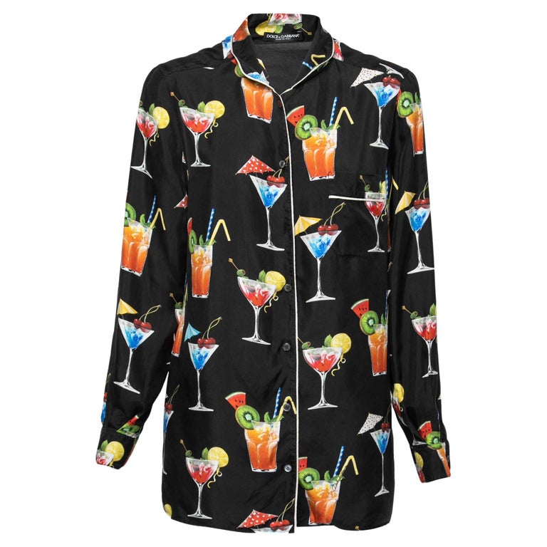 Dolce and Gabbana Black Silk Cocktail Print Button Front Pajama Shirt M ...