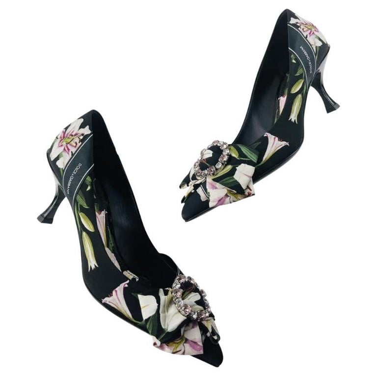 Dolce and Gabbana Black White Cloth Floral Lily Shoes Low Heels DG ...