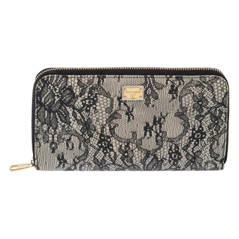Dolce and Gabbana Black/White Lace Print Leather Zip Around Wallet at ...