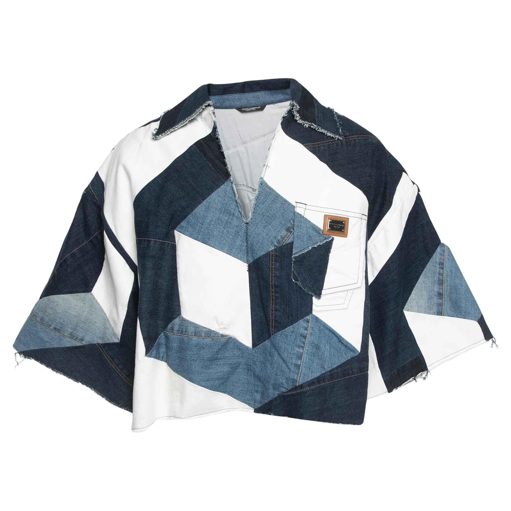 Dolce and Gabbana Blue Denim Patch Work Oversized Shirt S For Sale at ...