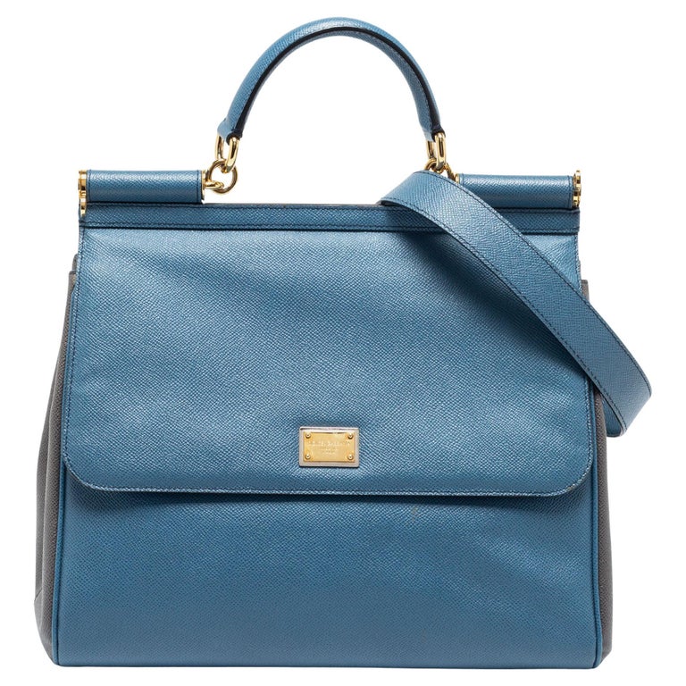 Dolce and Gabbana Blue/Grey Leather Large Miss Sicily Top Handle Bag ...