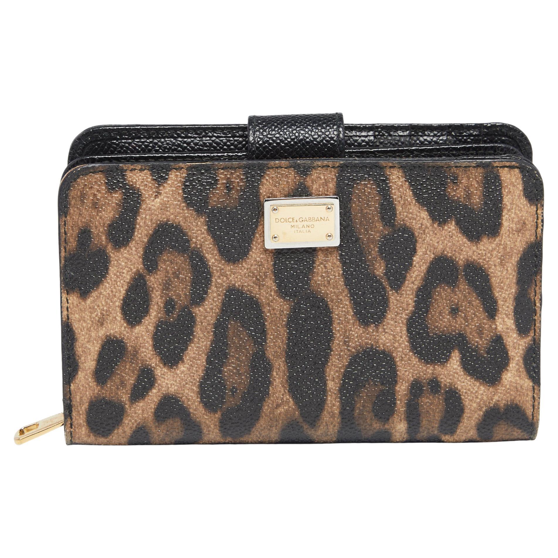 Dolce and Gabbana Brown/Black Leopard Print Coated Canvas Zip Compact ...