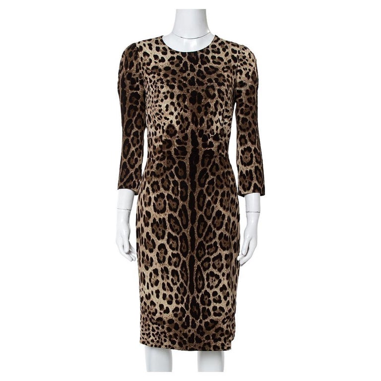 Dolce and Gabbana Brown Leopard Print Crepe Sheath Dress S For Sale at ...