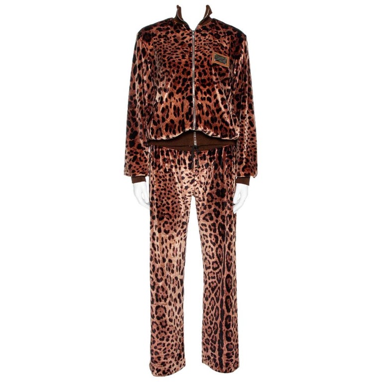 Dolce And Gabbana Brown Leopard Print Velvet Pants And Jacket Set M At
