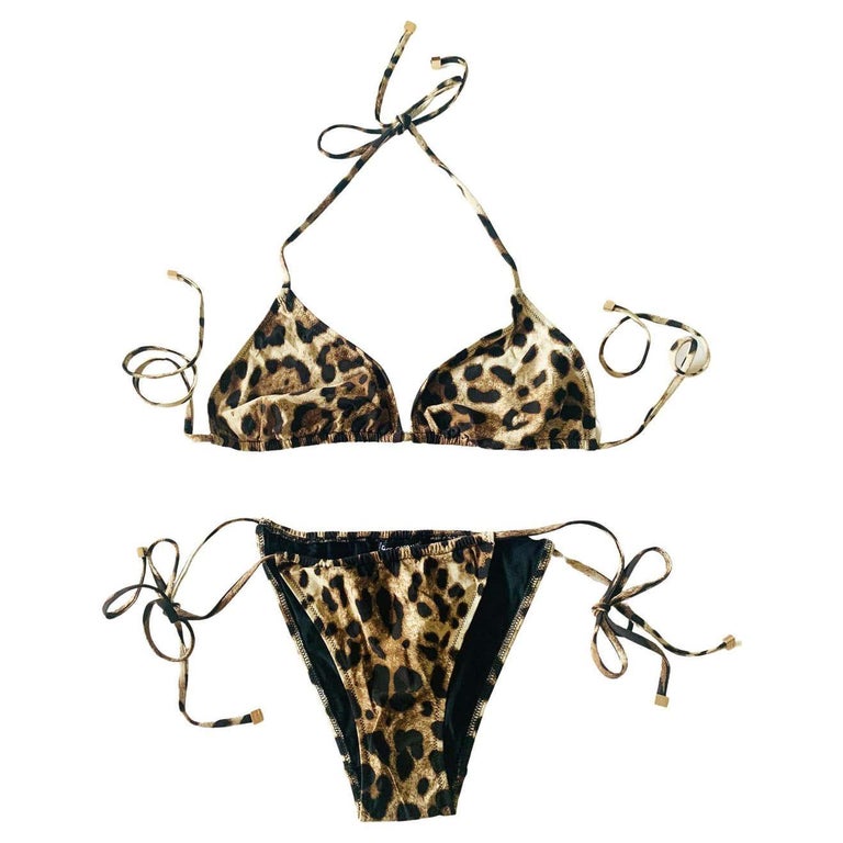 Dolce and Gabbana Brown Leopard Strings Bikini Swimsuit Swimwear Beachwear DG For Sale at 1stDibs