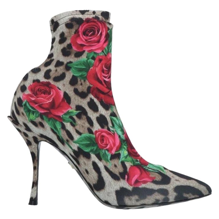 Dolce and Gabbana Brown Red Cloth Rose Leopard Ankle Boots Booties ...