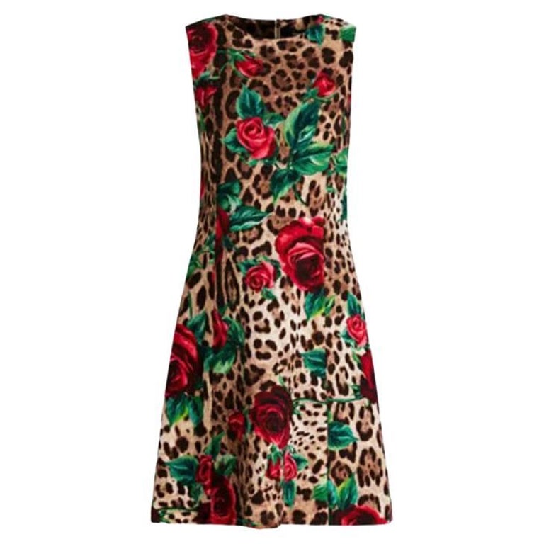 Dolce and Gabbana Brown Red Wool Leopard Rose Mini Dress A-line Floral ...