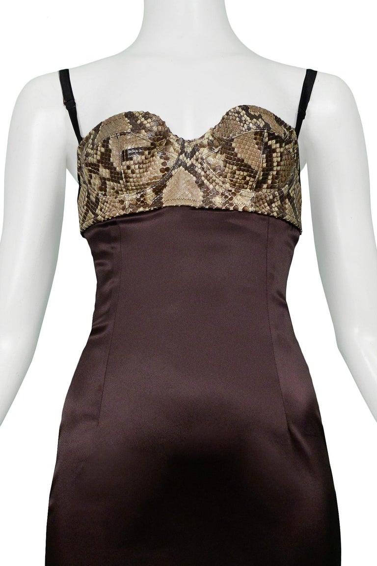 Dolce and Gabbana Brown Satin Cocktail Dress with a Python Leather Bra Top at 1stDibs
