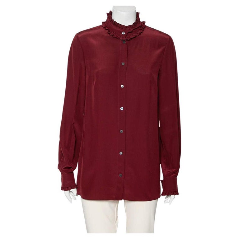 Dolce and Gabbana Burgundy Silk Ruffle Trim Detailed Button Front Shirt ...