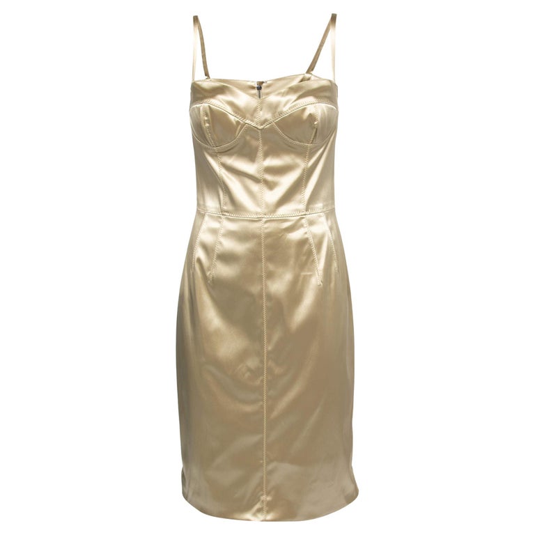 Dolce and Gabbana Champagne Gold Stretch Satin Bustier Bodycon Dress M ...