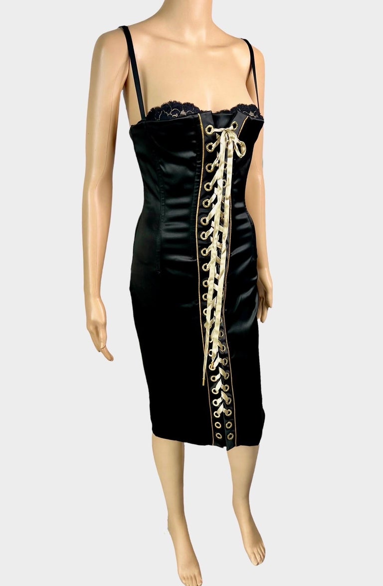 Dolce and Gabbana Corset Lace-Up Bra Bustier Bodycon Black Midi Dress ...