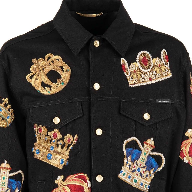 Dolce and Gabbana Crowns Embroidered Denim Jacket with Pockets Black ...