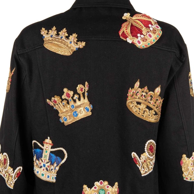 Dolce and Gabbana Crowns Embroidered Denim Jacket with Pockets Black ...