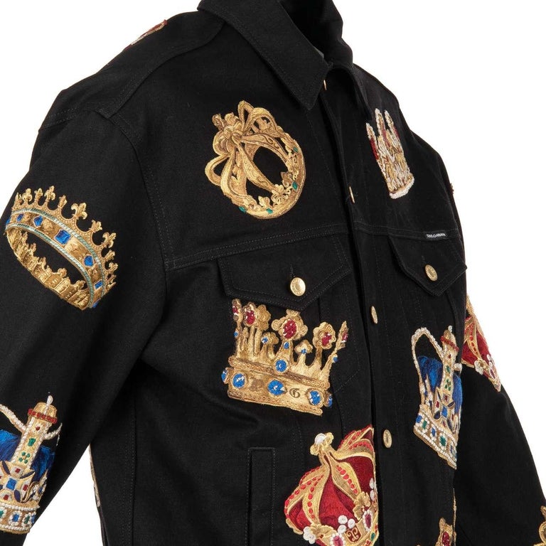 Dolce and Gabbana Crowns Embroidered Denim Jacket with Pockets Black ...