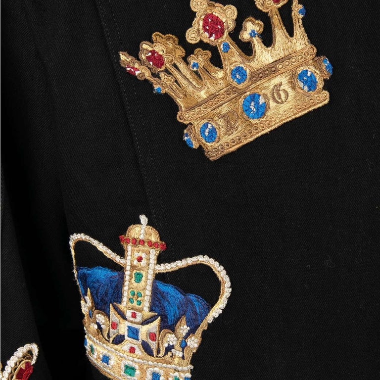 Dolce and Gabbana Crowns Embroidered Denim Jacket with Pockets Black ...