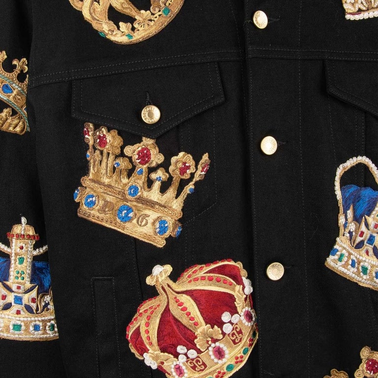 Dolce and Gabbana Crowns Embroidered Denim Jacket with Pockets Black ...