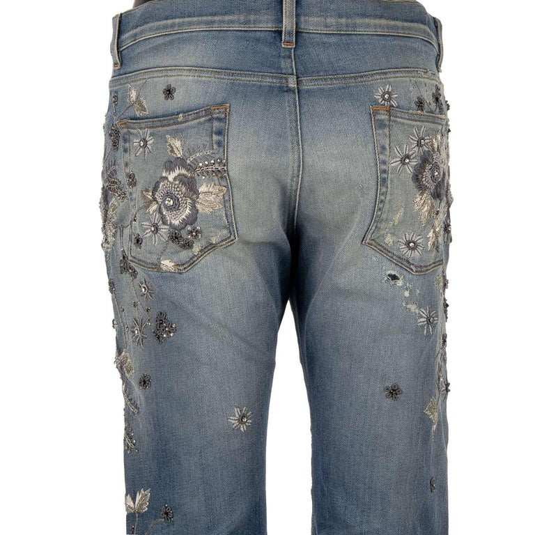 Dolce and Gabbana Crystal Flower Embroidery Distressed Jeans Light Blue ...