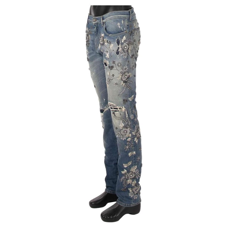 Dolce and Gabbana Crystal Flower Embroidery Distressed Jeans Light Blue ...