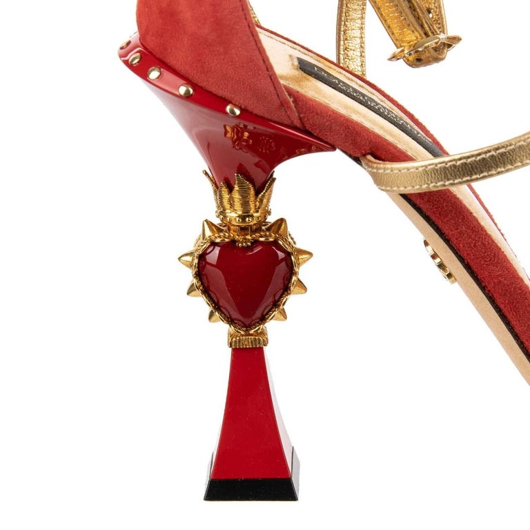 Dolce and Gabbana Crystal Sacred Heart High Heel Sandals BETTE Red Gold ...