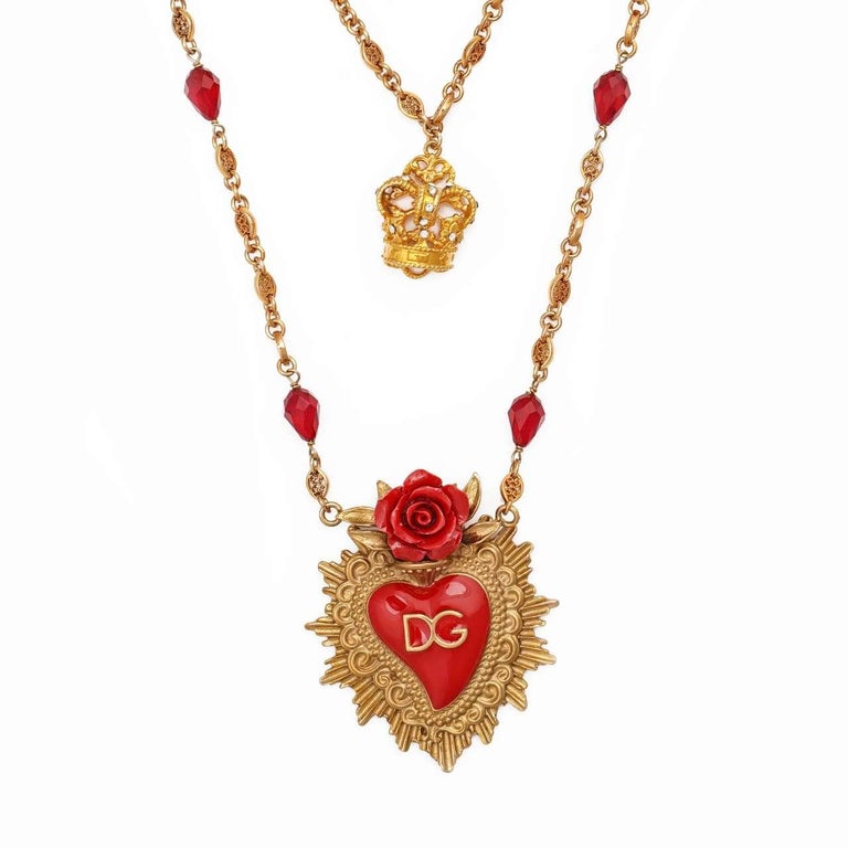 Dolce and Gabbana - Crystal Sacred Heart Rose Crown Chain Necklace Gold ...