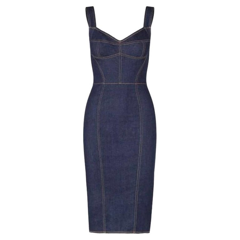 Dolce and Gabbana Dark Blue Cotton Denim Sheath Midi Dress Bodycon V ...
