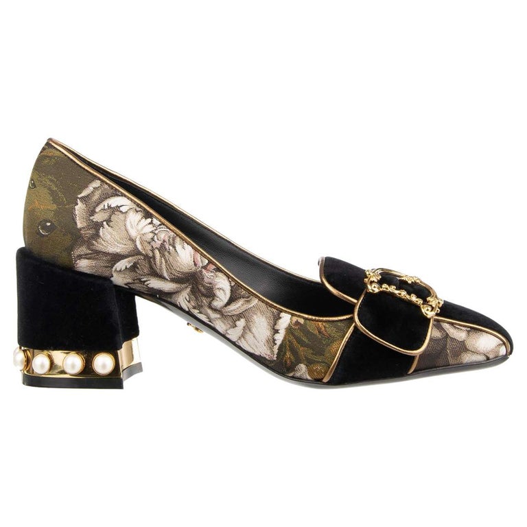 Dolce and Gabbana DG Golden Baroque Logo Velvet Pearl Heel Pumps JACKIE ...