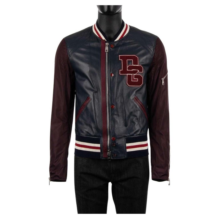 Dolce and Gabbana - DG Logo Leather Varsity Jacket Blue Red 46 For Sale ...