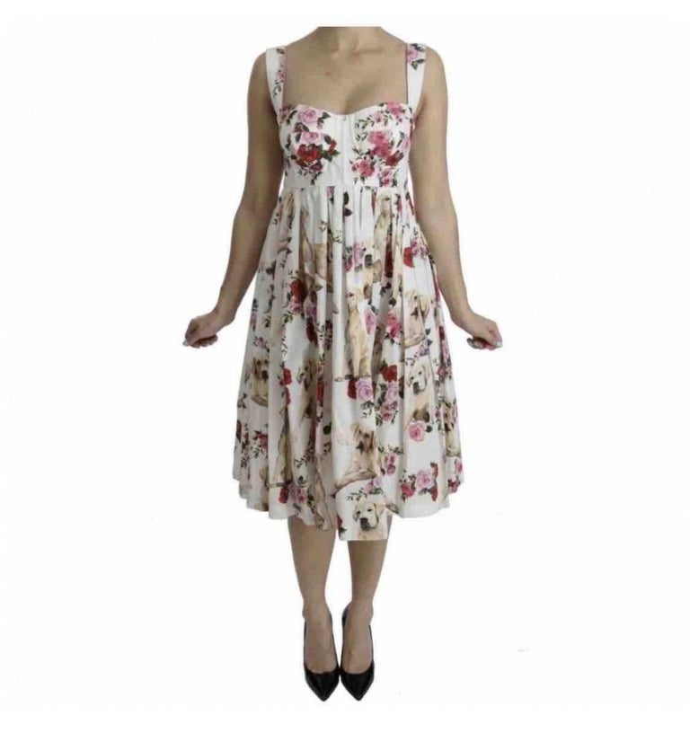 Dolce and Gabbana Empire Knee Length White Floral Labrador Printed ...