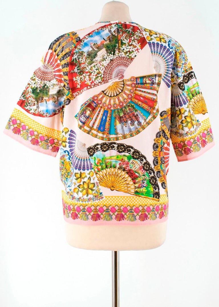 Dolce and Gabbana Fan-Printed Cotton Top - Size US 4 at 1stDibs