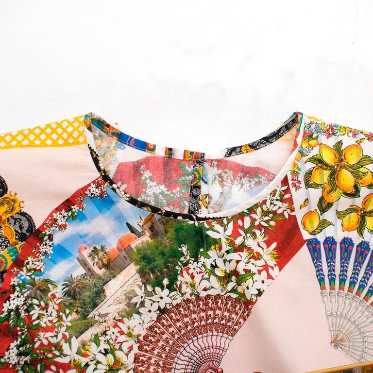 Dolce and Gabbana Fan-Printed Cotton Top - Size US 4 at 1stDibs