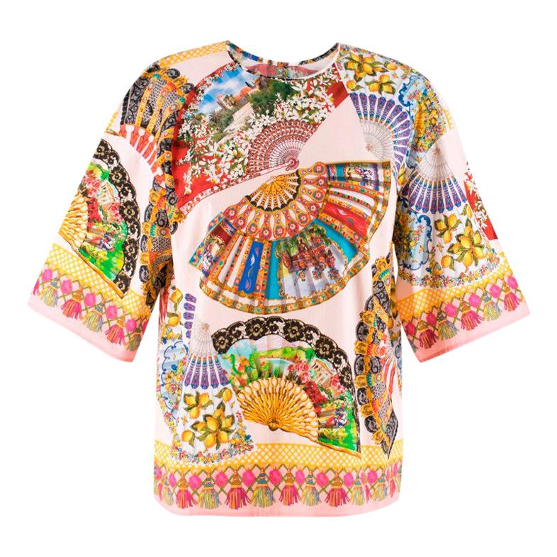 Dolce and Gabbana Fan-Printed Cotton Top - Size US 4 at 1stDibs