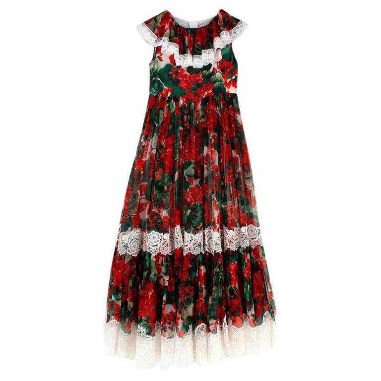 Dolce and Gabbana Floral Print Lace Trimmed Long Dress For Sale at 1stDibs