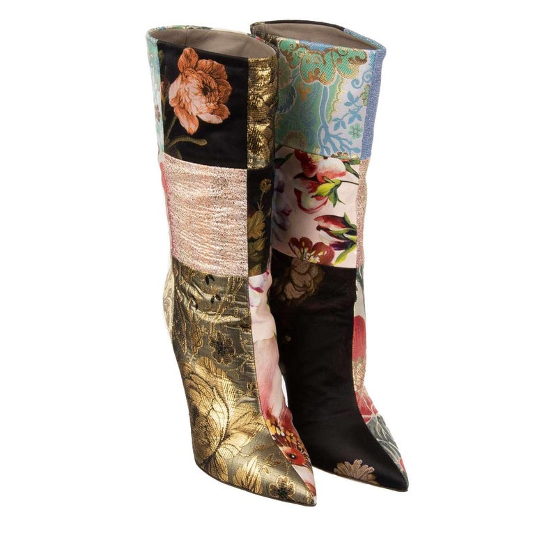Dolce and Gabbana Flower Brocade Patchwork Boots CARDINALE Gold Pink 40 ...
