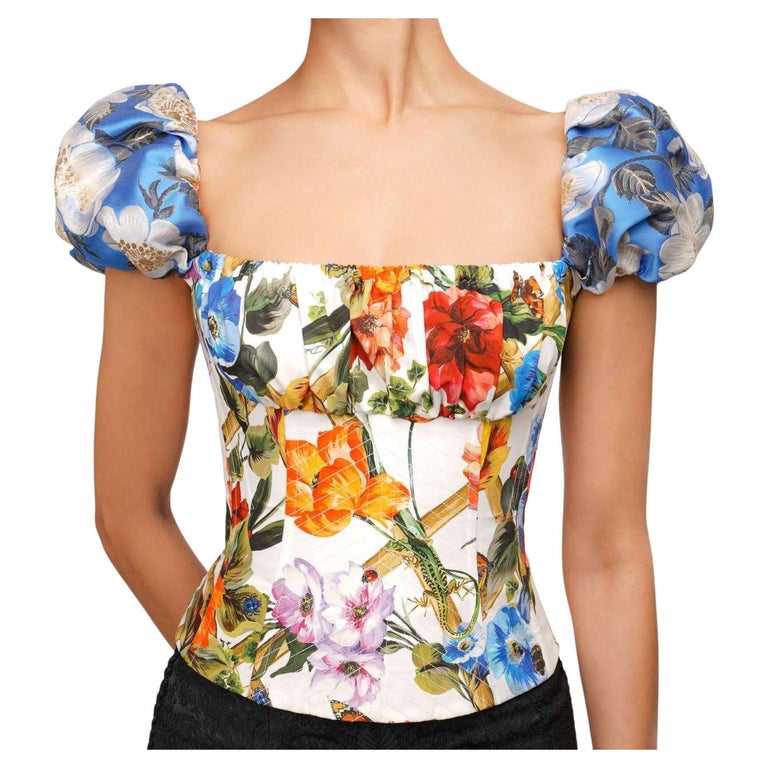 Dolce and Gabbana Flower Jacquard Cotton Corsage Top White Orange Blue ...