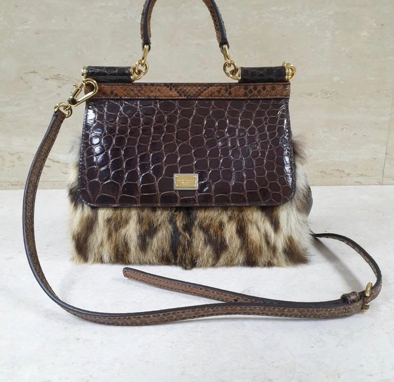 Dolce and Gabbana Fur Crocodile Python Sicily Bag For Sale at 1stDibs