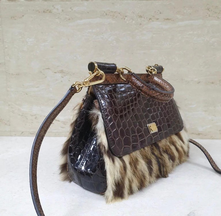 Dolce and Gabbana Fur Crocodile Python Sicily Bag For Sale at 1stDibs