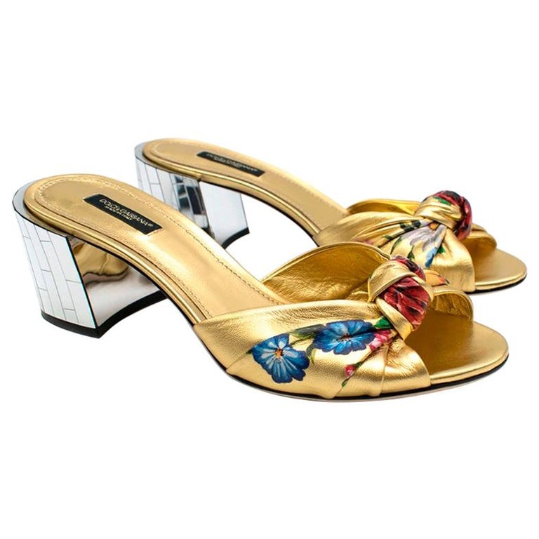 Dolce and Gabbana Gold Floral Knotted Sandals with Mirrored Block Heel ...