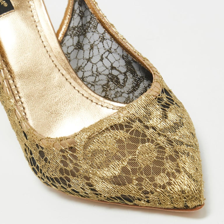 Dolce and Gabbana Gold Lace Bellucci Slingback Pointed Toe Pumps Size ...