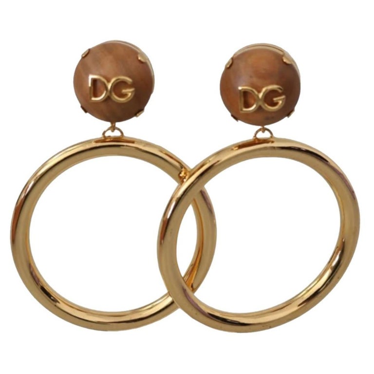 Dolce and Gabbana Gold Metal Bras Hoop Earrings With Wooden Clip On DG ...